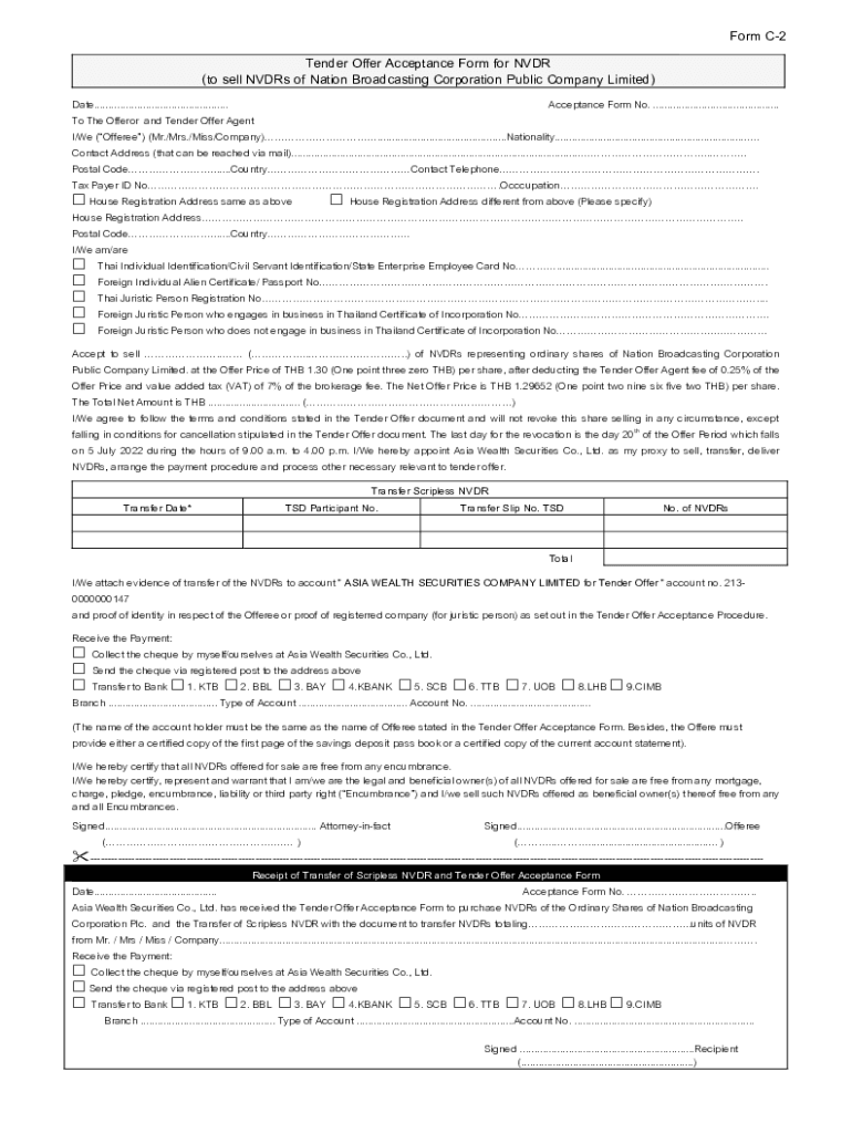 Fillable Online Fillable Online Tender Offer Acceptance Form for NVDRs ...