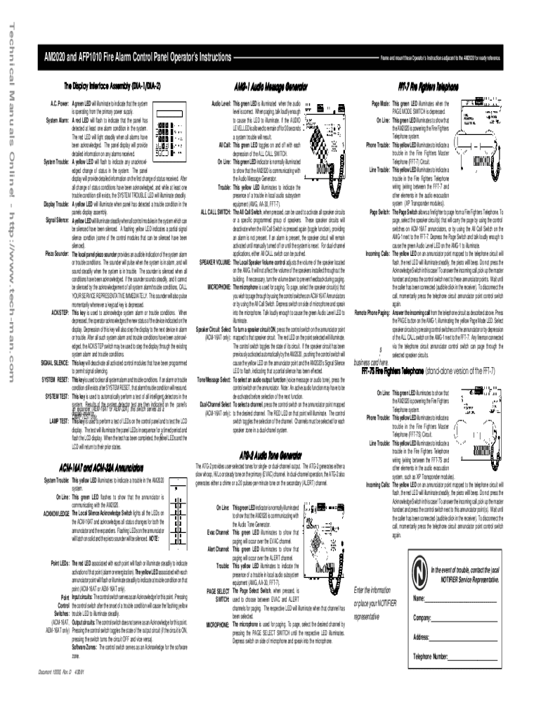 Fillable Online Notifier Fire Alarm Control Panel AM2020/AFP1010 Manual ...