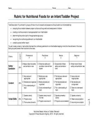 Fillable Online Rubric for Nutritional Foods for Infant/Toddler Project ...