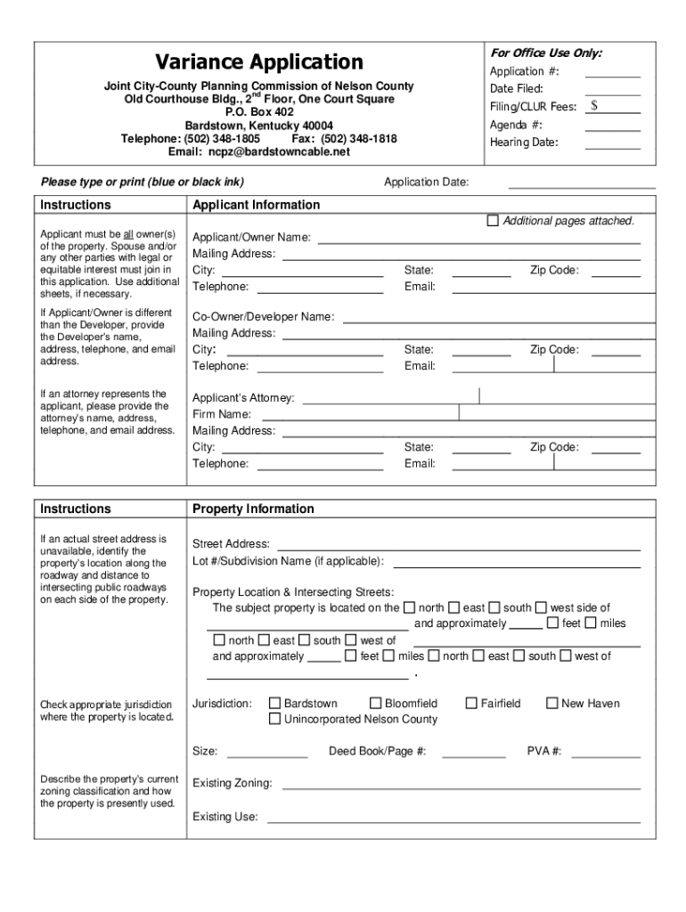 Fillable Online APPLICATION FOR VARIANCE OFFICE USE ONLY Fax Email Print - pdfFiller