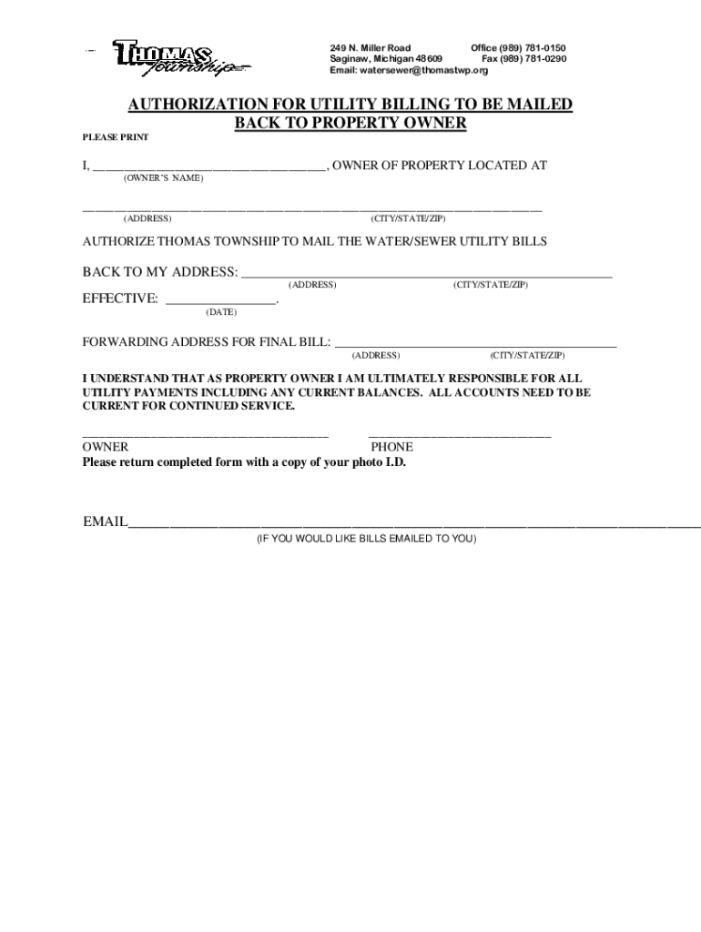 Fillable Online authorization for utility billing to be mailed back to ...