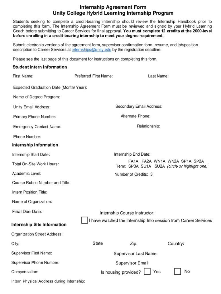 Fillable Online Unity College Hybrid Learning Internship Program ...