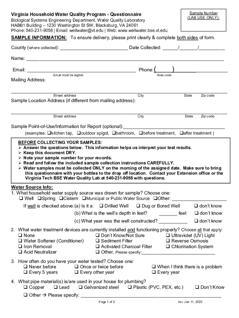 Fillable Online Questionnaire SAMPLE ... - Virginia Household Water ...