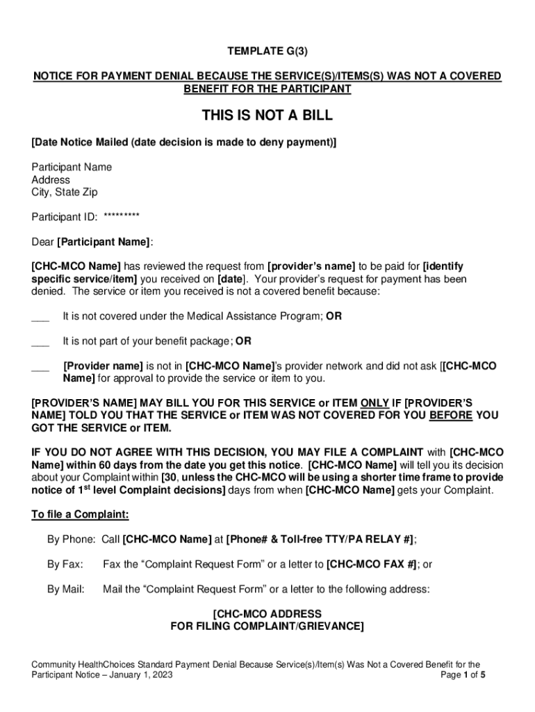 Fillable Online template g(3) notice for payment denial because the ...