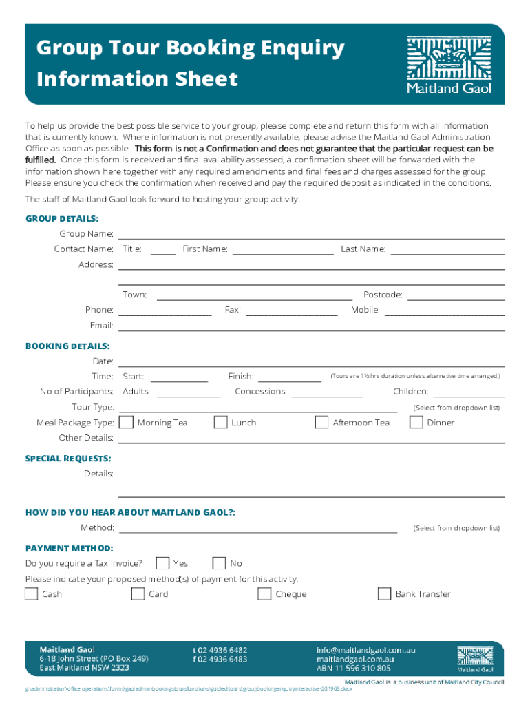 Fillable Online Group Tour Booking Enquiry Information Sheet Fax Email ...