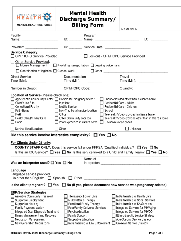 Fillable Online Mental Health Discharge Summary/ Billing Form Fax Email ...