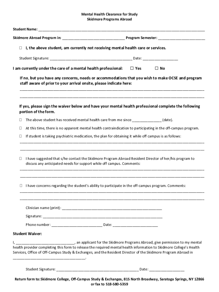 Fillable Online Mental Health Clearance for Study ... Fax Email Print ...