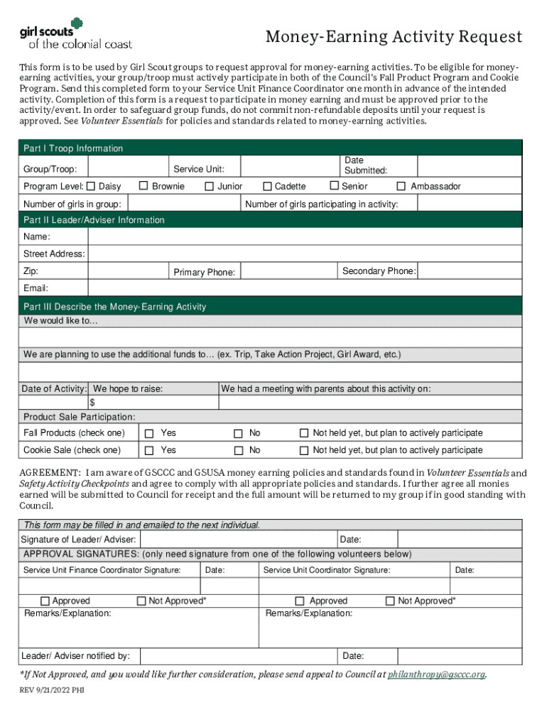 Fillable Online GSNCA Money Earning Activity Guidelines & Forms ...