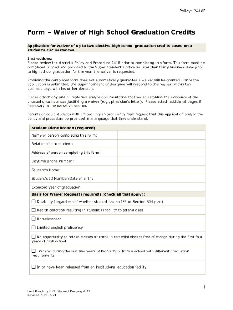 Fillable Online 2418F Form Waiver of High School Graduation Credits Fax ...
