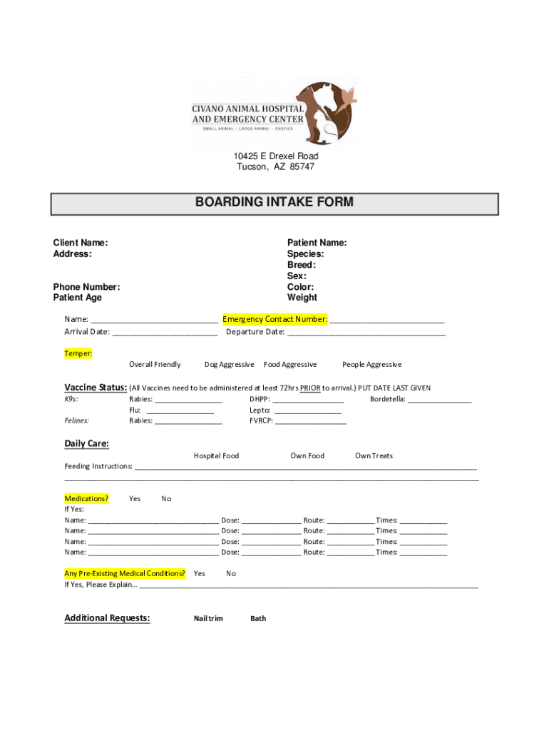 Fillable Online BOARDING INTAKE FORM Fax Email Print - pdfFiller