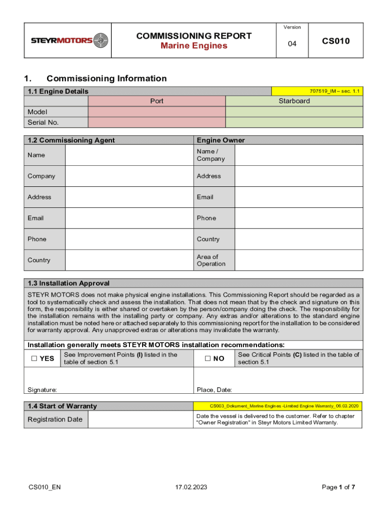 Fillable Online COMMISSIONING REPORT Marine Engines CS010 1. ... Fax ...