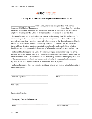 Fillable Online Working Interview Acknowledgement and Release Form Fax ...