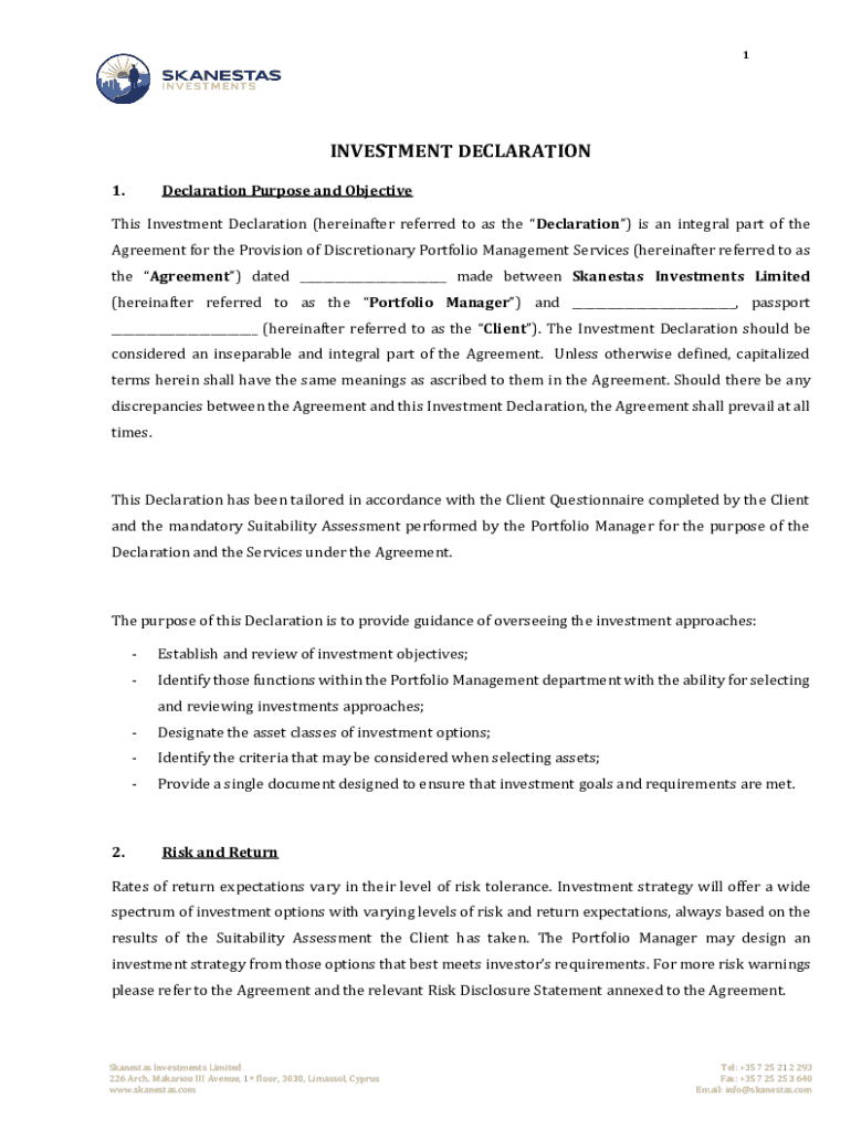 Fillable Online agreement for the provision of discretionary portfolio ...