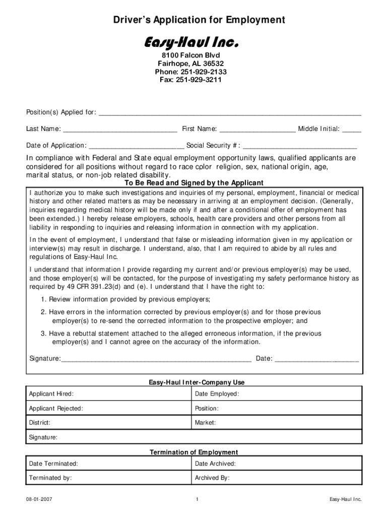 Fillable Online Non-Driver Application For Employment - Easy-Haul Inc ...