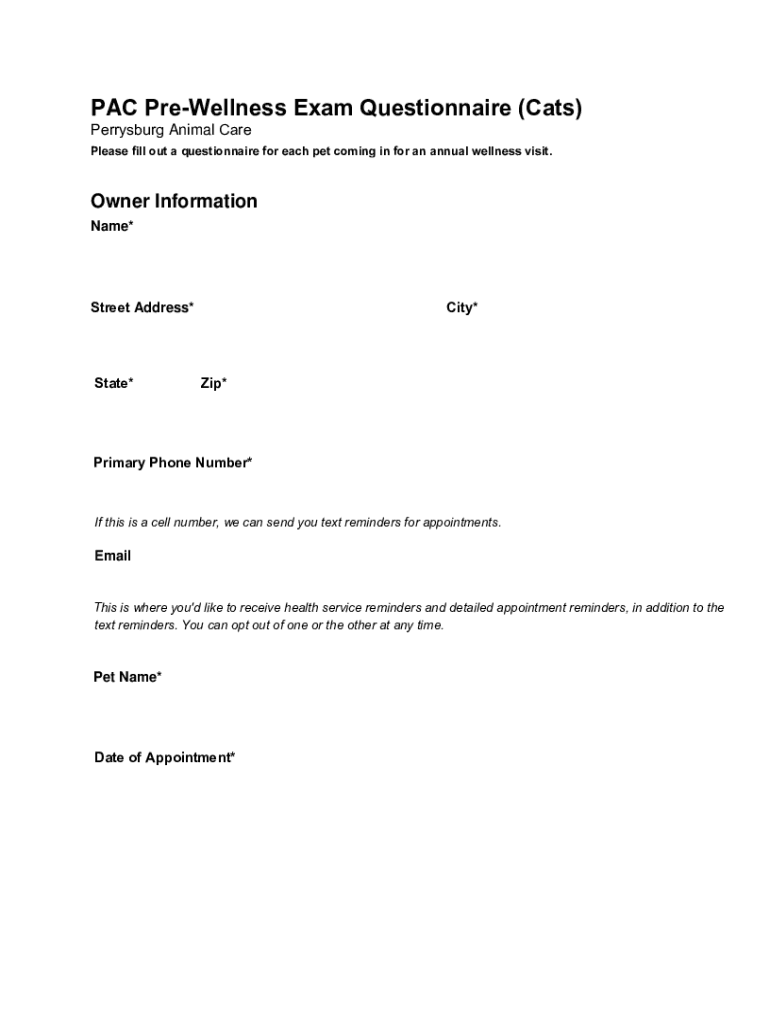 Fillable Online PAC Pre-Wellness Exam Questionnaire (1st Puppy Visit ...