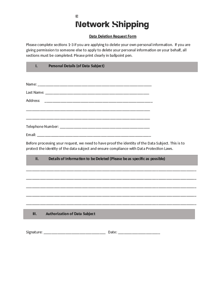 Fillable Online Data Deletion Request Form Please complete sections 1-3 ...