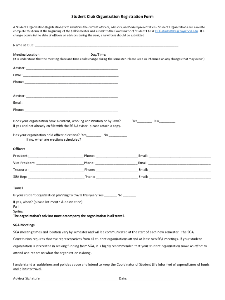 Fillable Online Student Club Organization Registration Form Fax Email ...