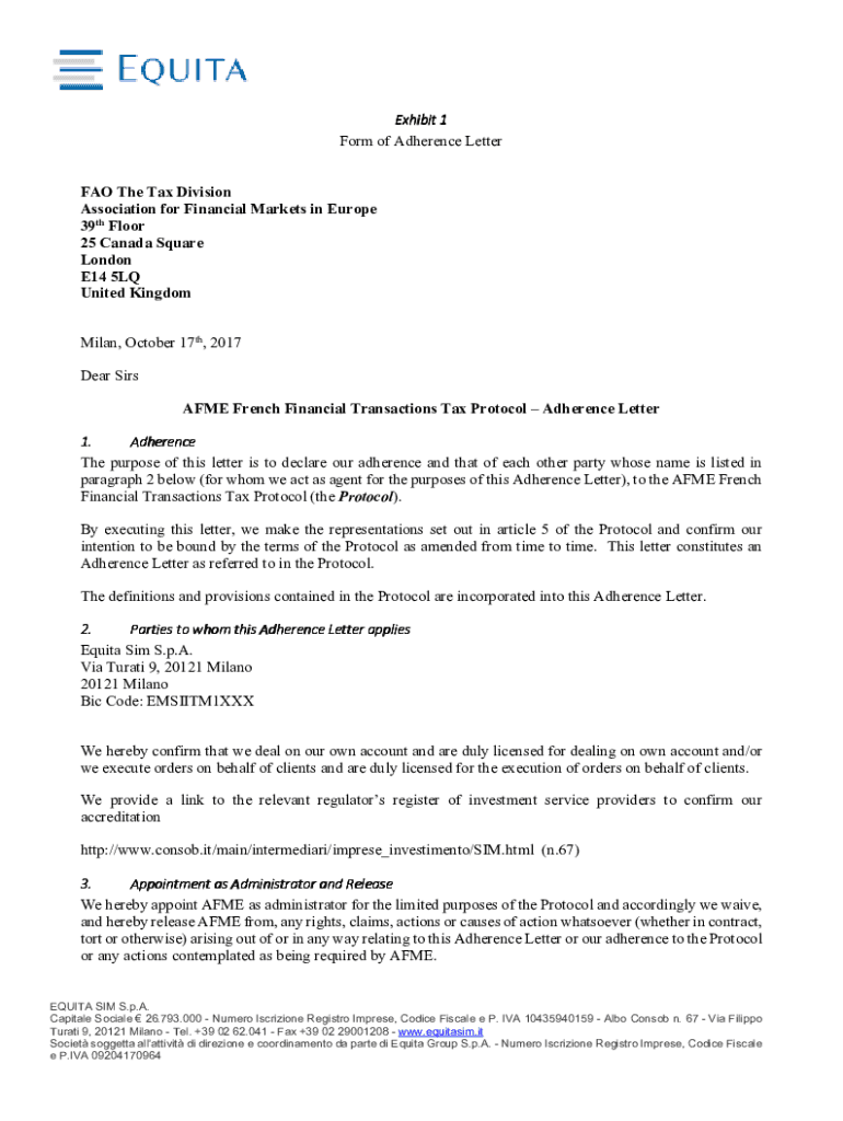 Fillable Online Form of Adherence Letter FAO The Tax Division ... Fax ...