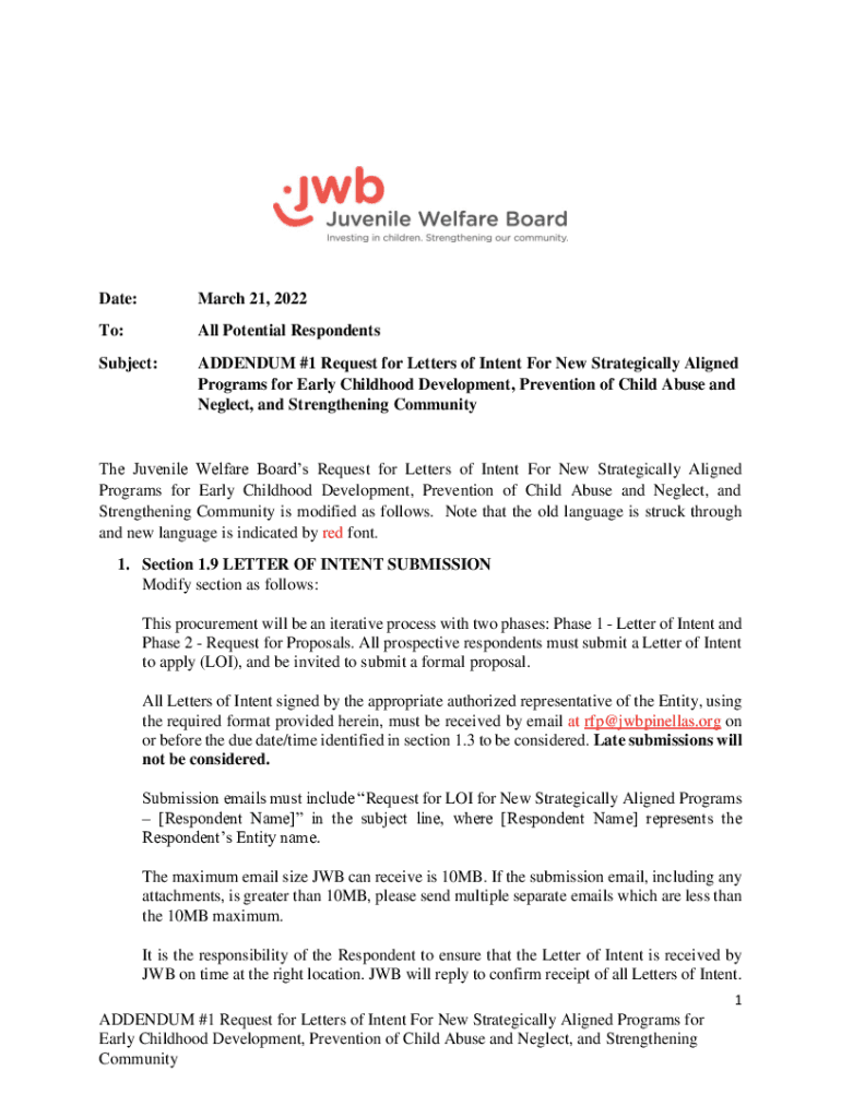 Fillable Online ADDENDUM #1 Request for Letters of Intent For New ...