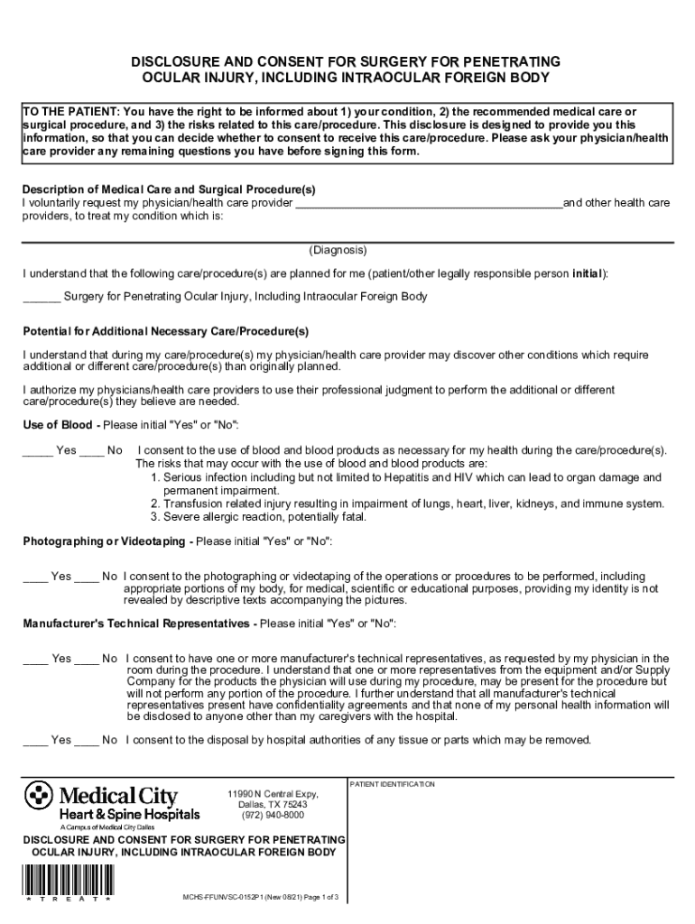 Fillable Online DISCLOSURE AND CONSENT FOR SURGERY FOR PENETRATING ...