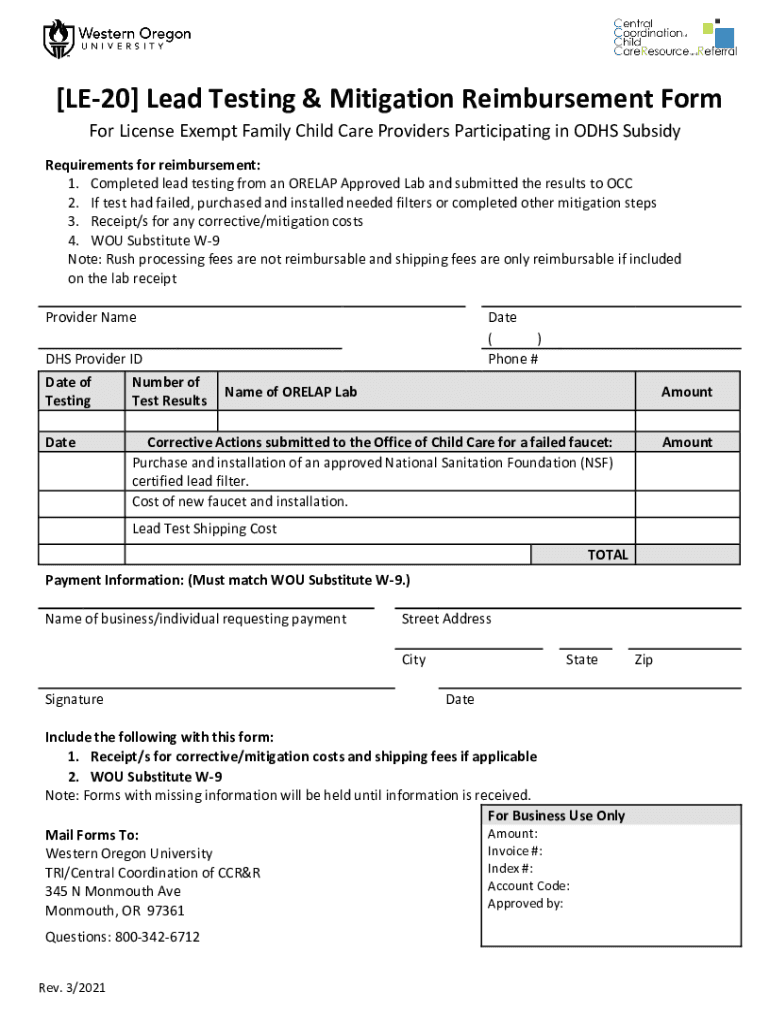Fillable Online LE-20 Lead Testing & Mitigation Reimbursement Form Fax ...
