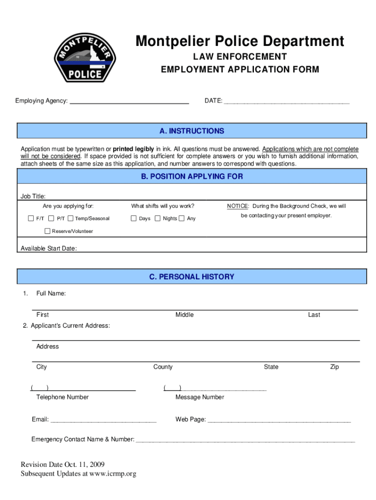 Fillable Online Law Enforcement Employment Application Form Fax Email ...