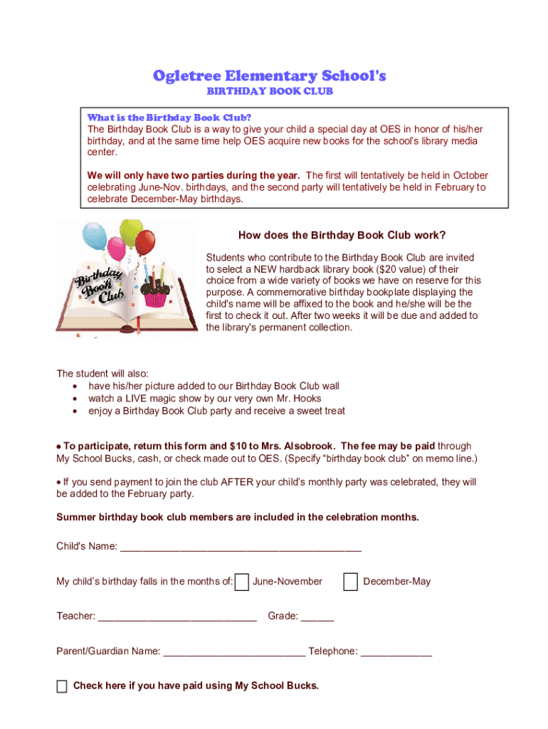Fillable Online Birthday Book Club - San Elijo Elementary School Fax ...