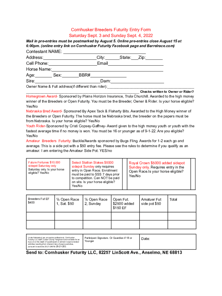 Fillable Online Cornhusker $2500 added Open Futurity Entry Form Fax Email Print - pdfFiller