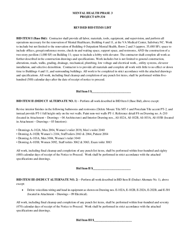 Fillable Online Mental Health Phase 3 Project 659-334 Revised Bid Items ...