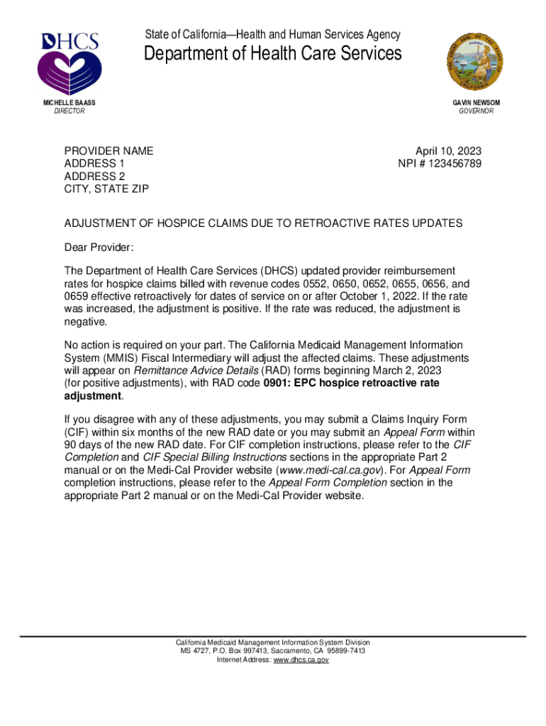 Fillable Online files medi-cal ca Adjustment of Hospice Claims Due to ...