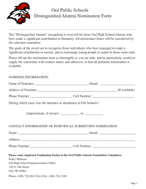 Fillable Online Ord Public Schools Distinguished Alumni Nomination Form Fax Email Print - pdfFiller