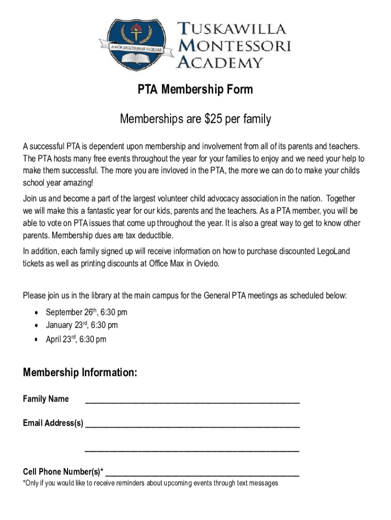 Fillable Online PTA Membership Form Memberships are $25 per family Fax ...