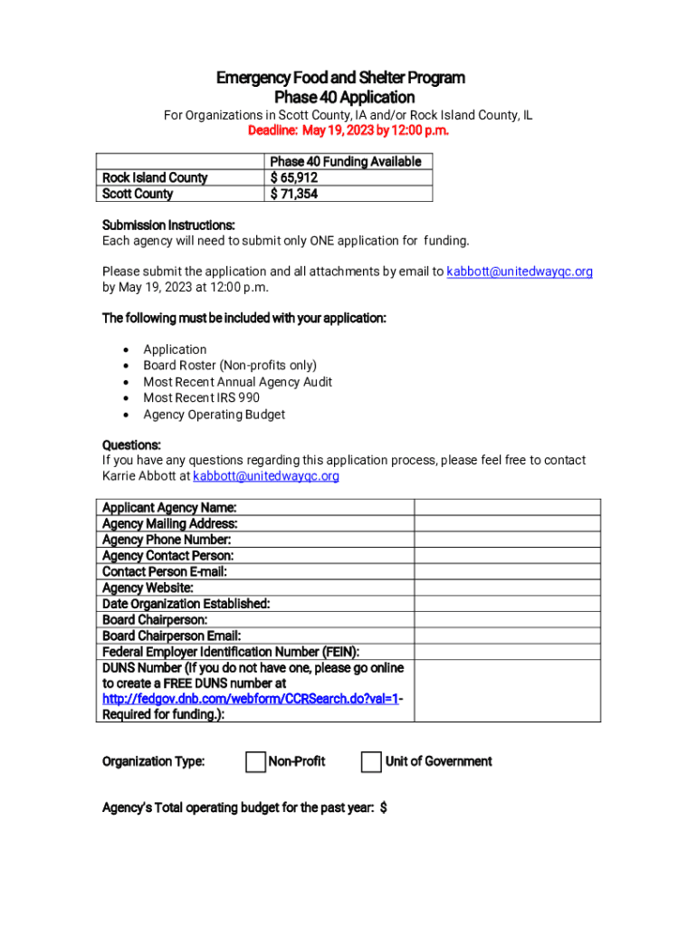 Fillable Online Emergency Food and Shelter Program Phase 40 Application ...