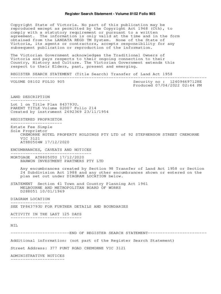 Fillable Online Register Search Statement - Volume 8102 Folio 905 Fax ...