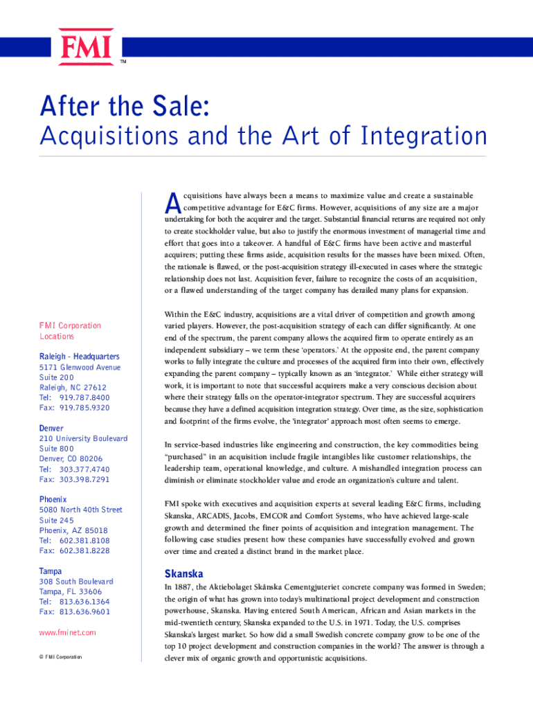 Fillable Online After the Sale: Acquisitions and the Art of Integration Fax Email Print - pdfFiller