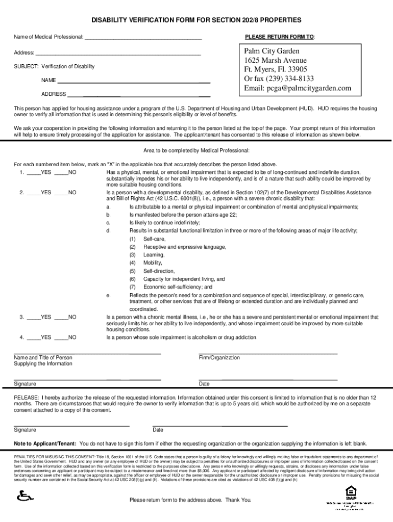 Fillable Online DISABILITY VERIFICATION FORM FOR SECTION 202/8 ...