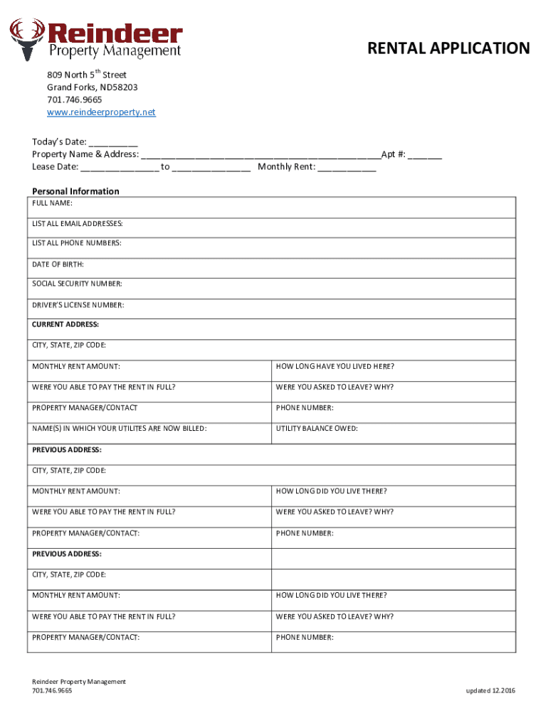 Fillable Online Reindeer Property Management Rental Application Fax ...