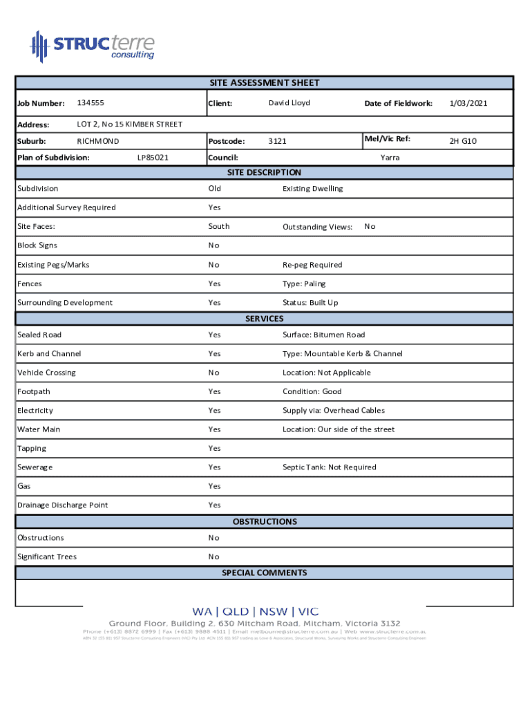 Fillable Online SITE ASSESSMENT SHEET Fax Email Print - pdfFiller