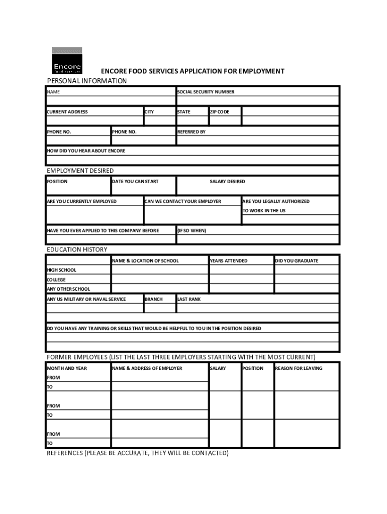 Fillable Online encore food services application for employment Fax ...
