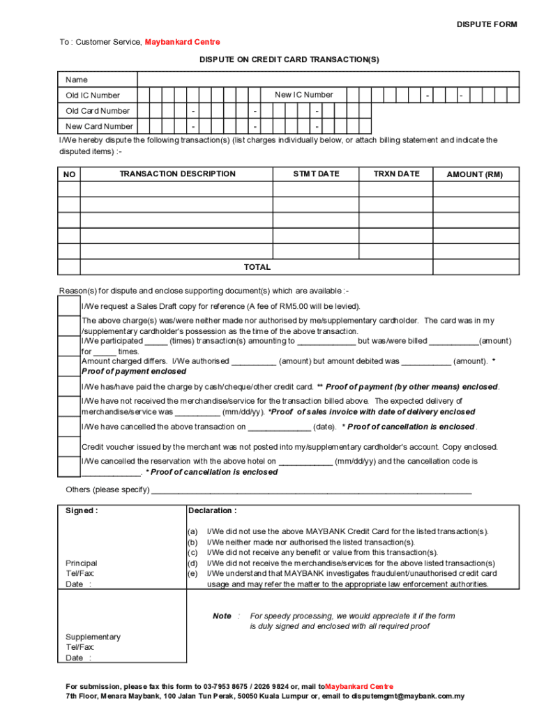 Fillable Online Maybank Dispute Form - Fill Online, Printable, Fillable ...