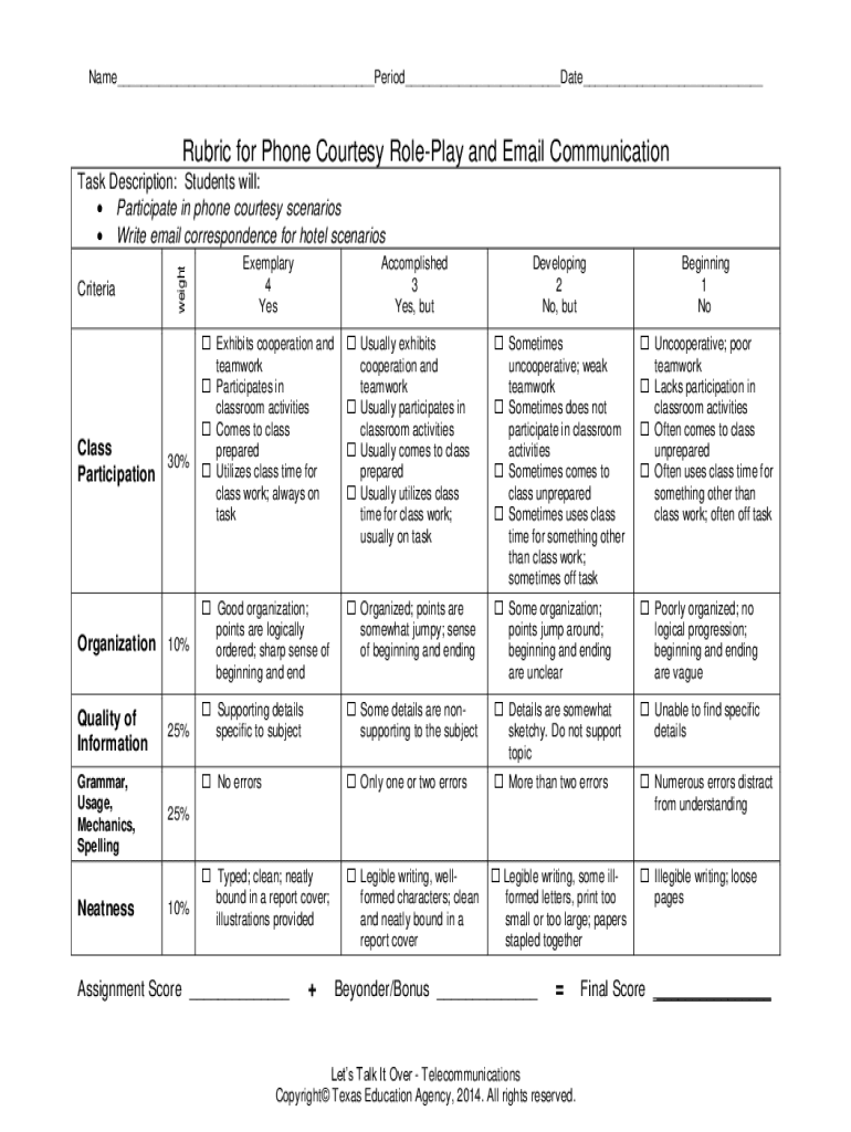 Fillable Online Rubric for Phone Courtesy Role-Play and Email ...