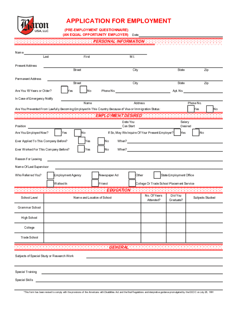 Fillable Online Employment Application Form Date Name (Last) (First) ( ... Fax Email Print ...