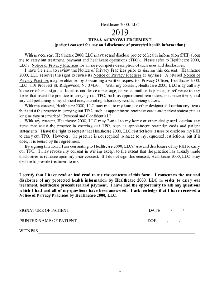 Fillable Online HIPAA Acknowledgement Fax Email Print - pdfFiller