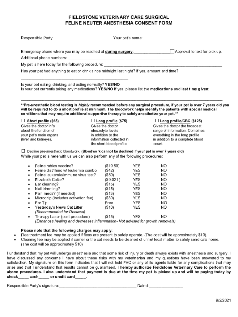 Fillable Online Feline Neuter Estimate and Surgery Authorization Form ...