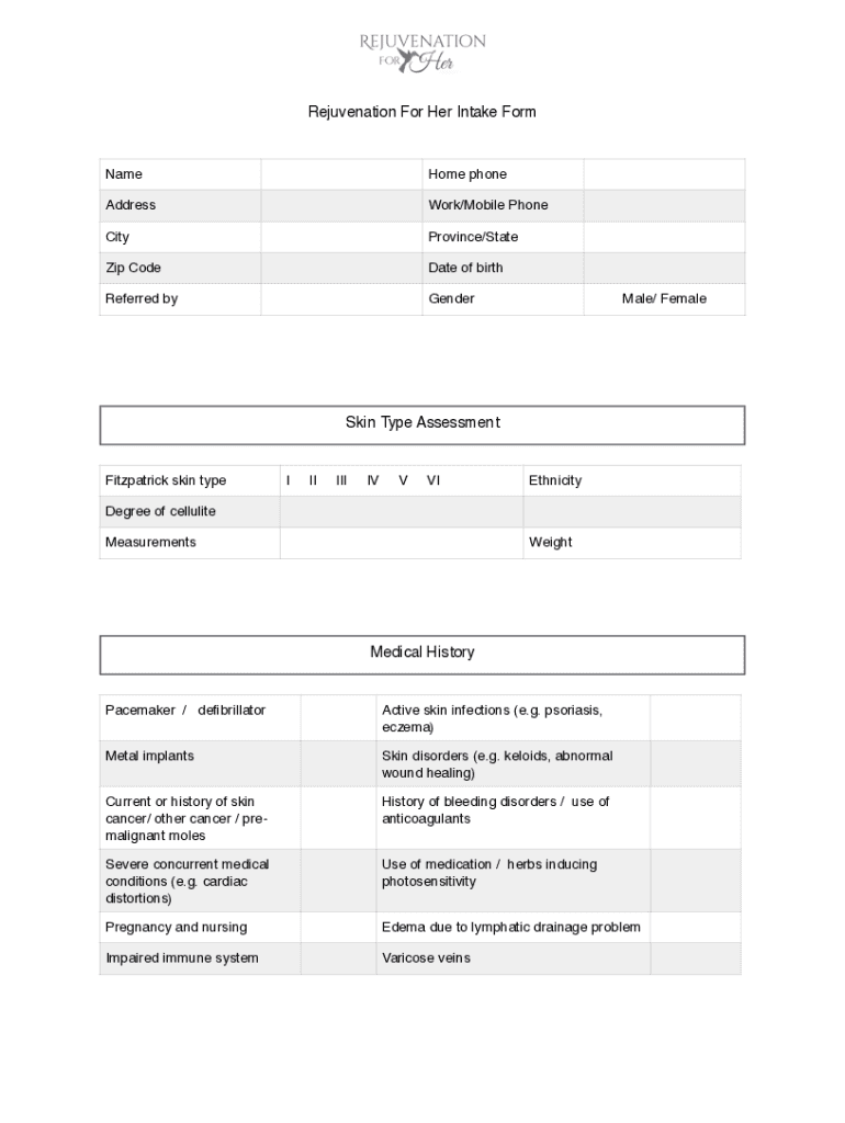 Fillable Online Rejuvenation For Her Intake Form Fax Email Print ...