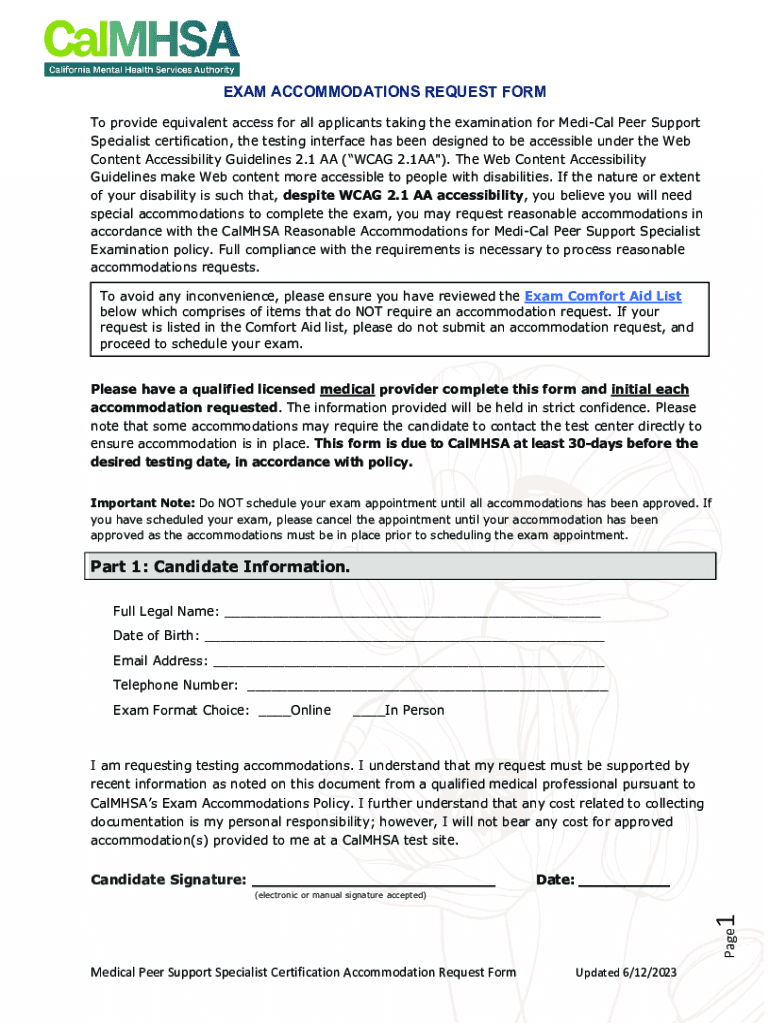 Fillable Online Page EXAM ACCOMMODATIONS REQUEST FORM Part 1 Fax Email ...