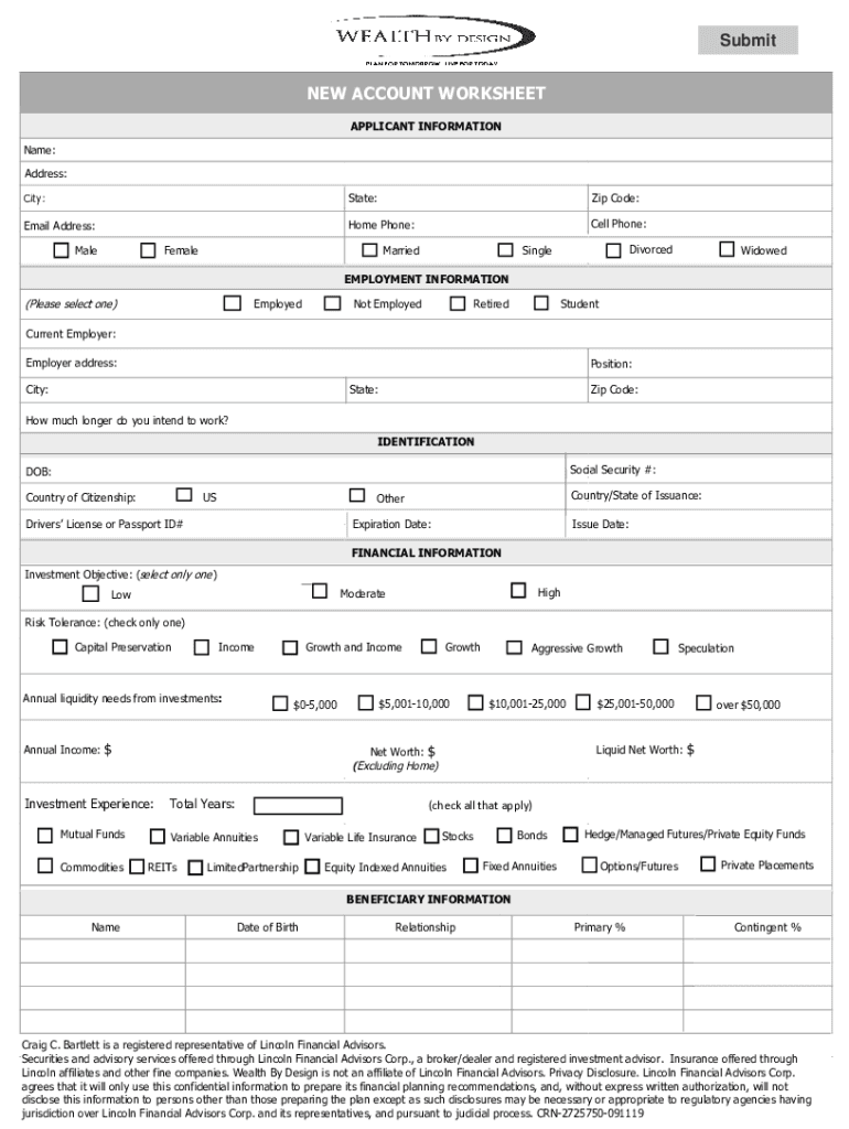 Fillable Online NEW ACCOUNT WORKSHEET Submit Fax Email Print - pdfFiller