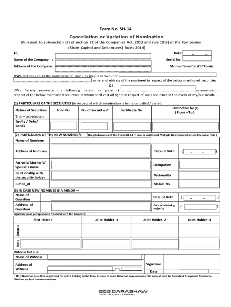 Fillable Online Form No. SH14 Cancellation or Variation of Nomination ...