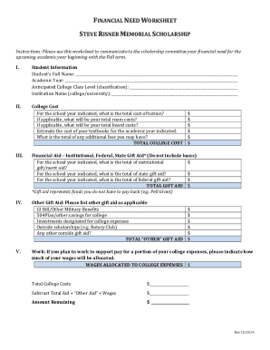 Fillable Online FINANCIAL NEED WORKSHEET STEVE RISNER ... Fax Email ...