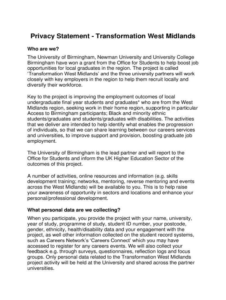 Fillable Online Privacy Statement - Transformation West Midlands Fax Email Print - pdfFiller